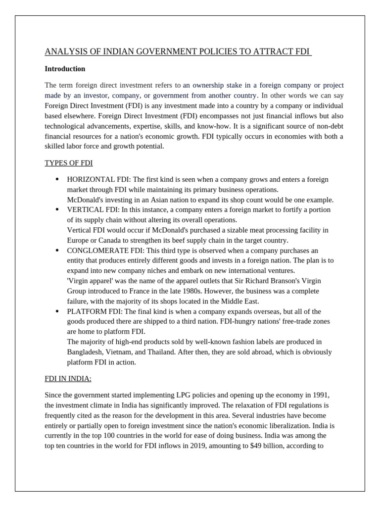 Analysis of Indian Government Policies To Attract Fdi | PDF | Foreign ...