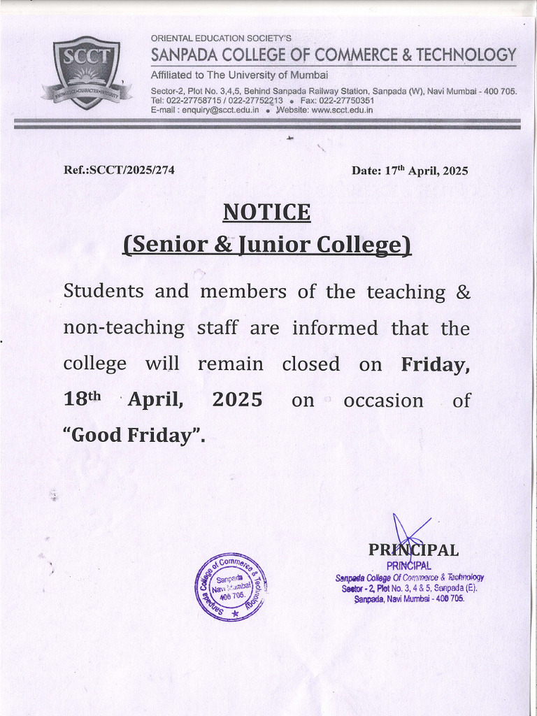 Sanpada College Closure Notice for Good Friday | PDF