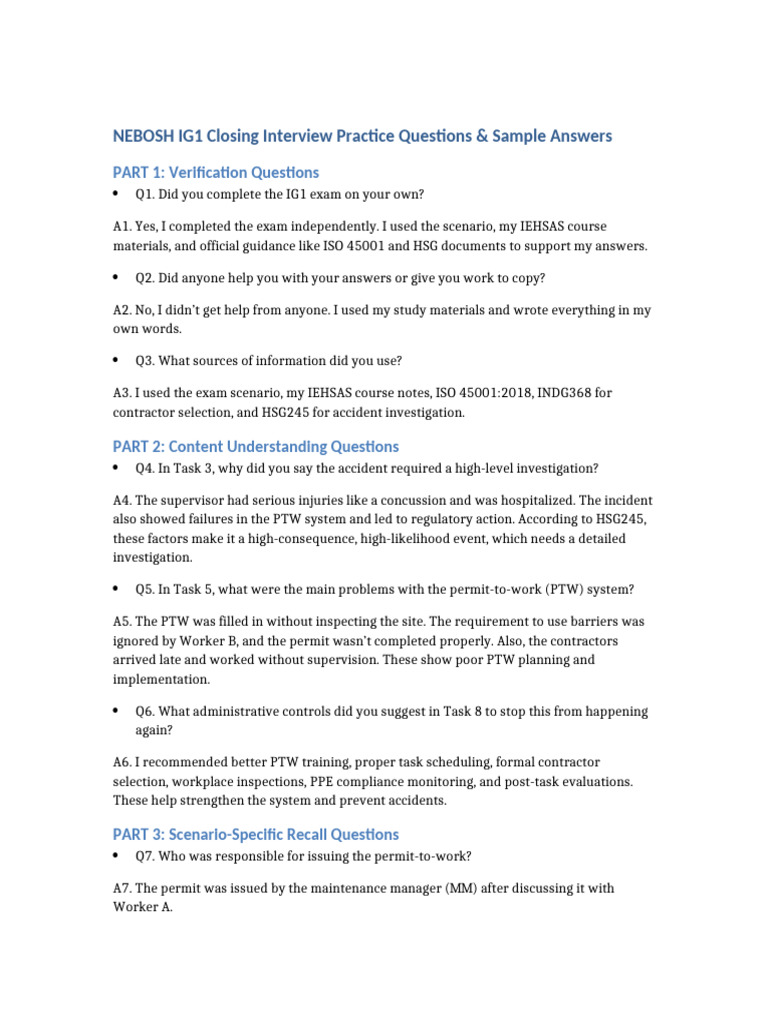 NEBOSH IG1 Closing Interview Practice QA | PDF | Safety