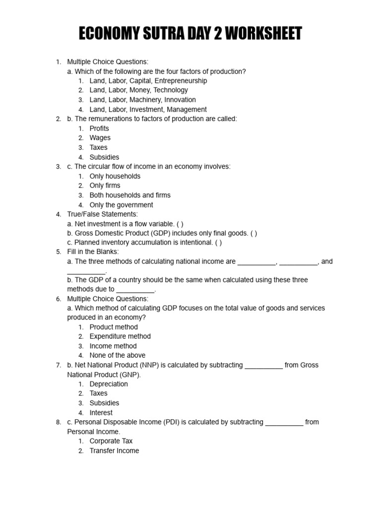 Economy Sutra Day 2 Worksheet | PDF | Gross Domestic Product | Income