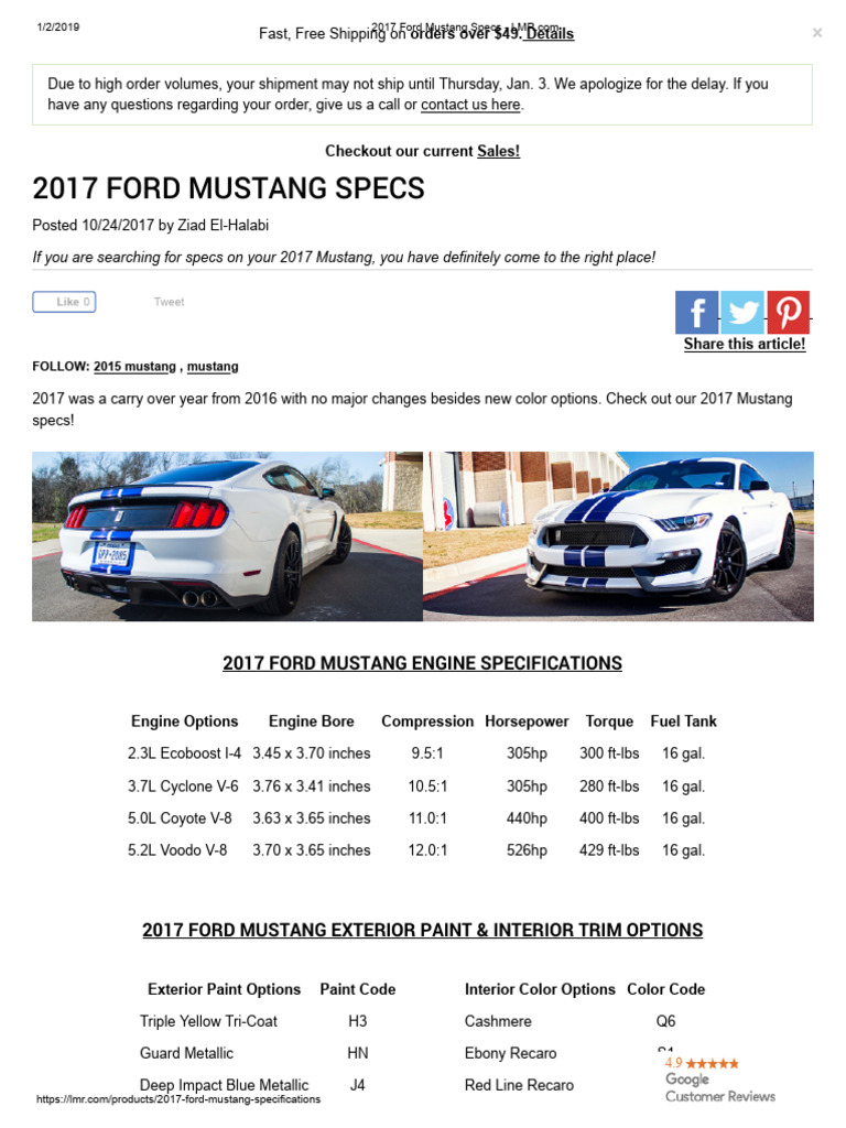 2017 Ford Mustang Specifications Guide | PDF | Rear Wheel Drive ...