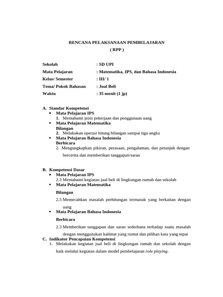 RPP Tematik Kelas 3 SMT Satu 1 | PDF