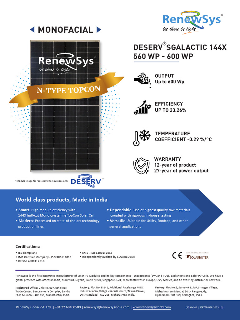 Renewsys Deserv Sgalactic Top Con Mono | PDF | Photovoltaics | Electricity