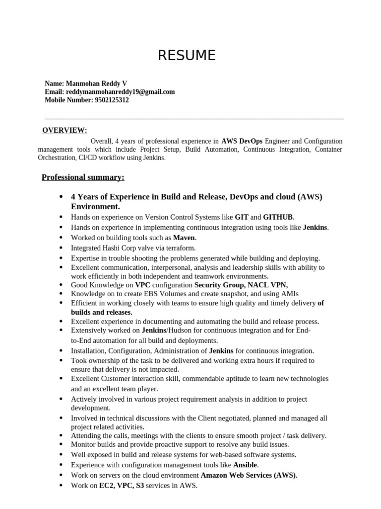AWS DevOps Engineer Resume - Manmohan Reddy | PDF | Cloud Computing | Amazon Web Services