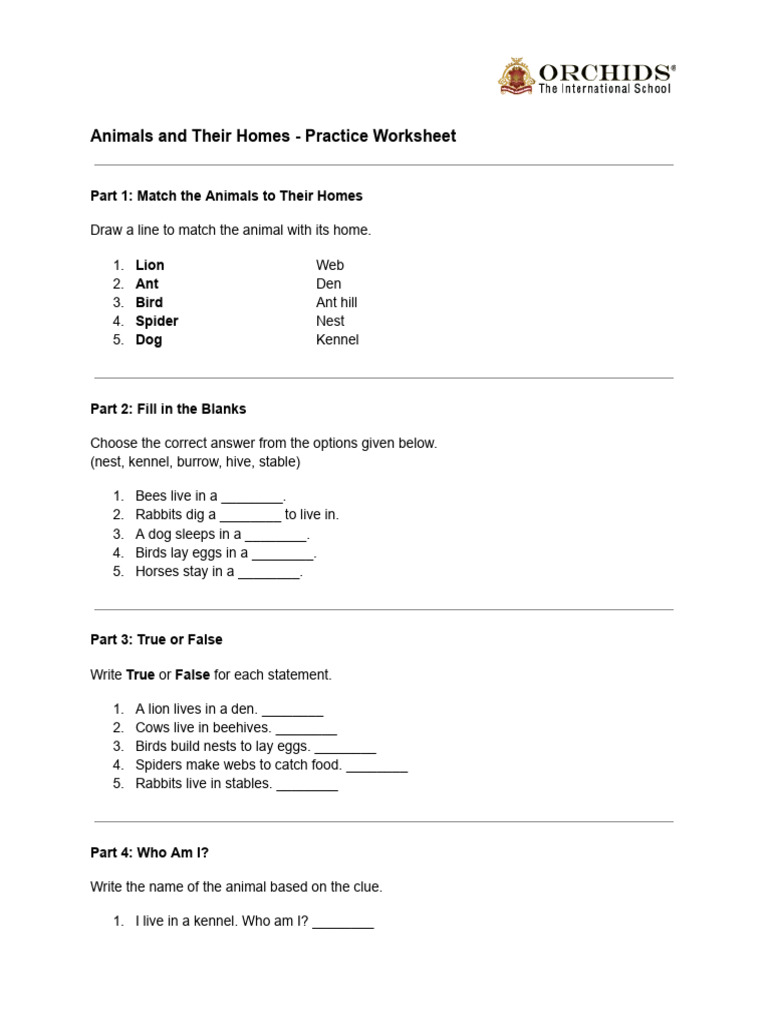 animals-and-their-homes---practice-worksheet-3 | PDF