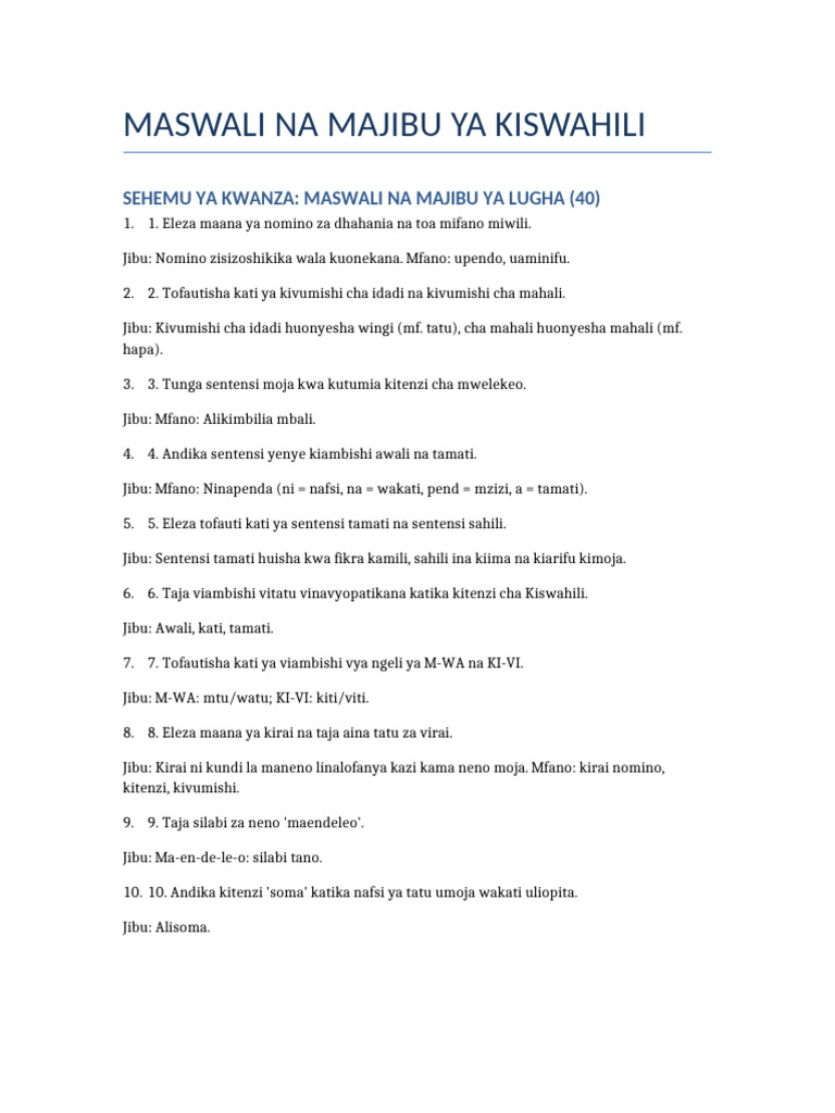 Maswali Na Majibu Kiswahili | PDF