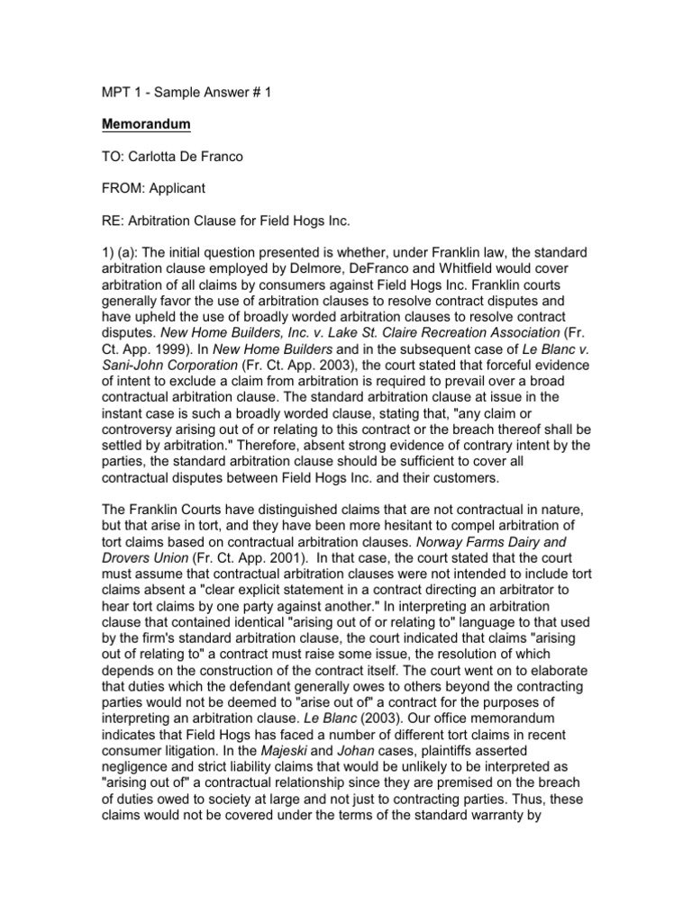 2011-July-MPT-Sample-Answers | PDF | Arbitration | Tort