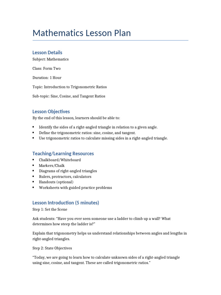 Form Two Trigonometry Lesson Plan | PDF | Trigonometric Functions ...