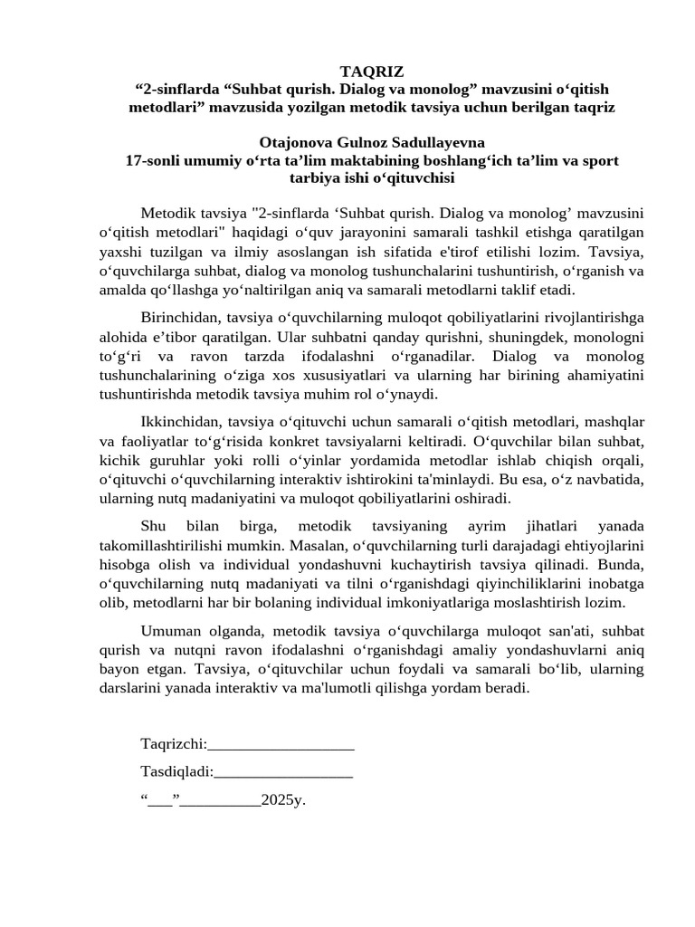 TAQRIZ Otajonova Gulnoz Sadullayevna | PDF