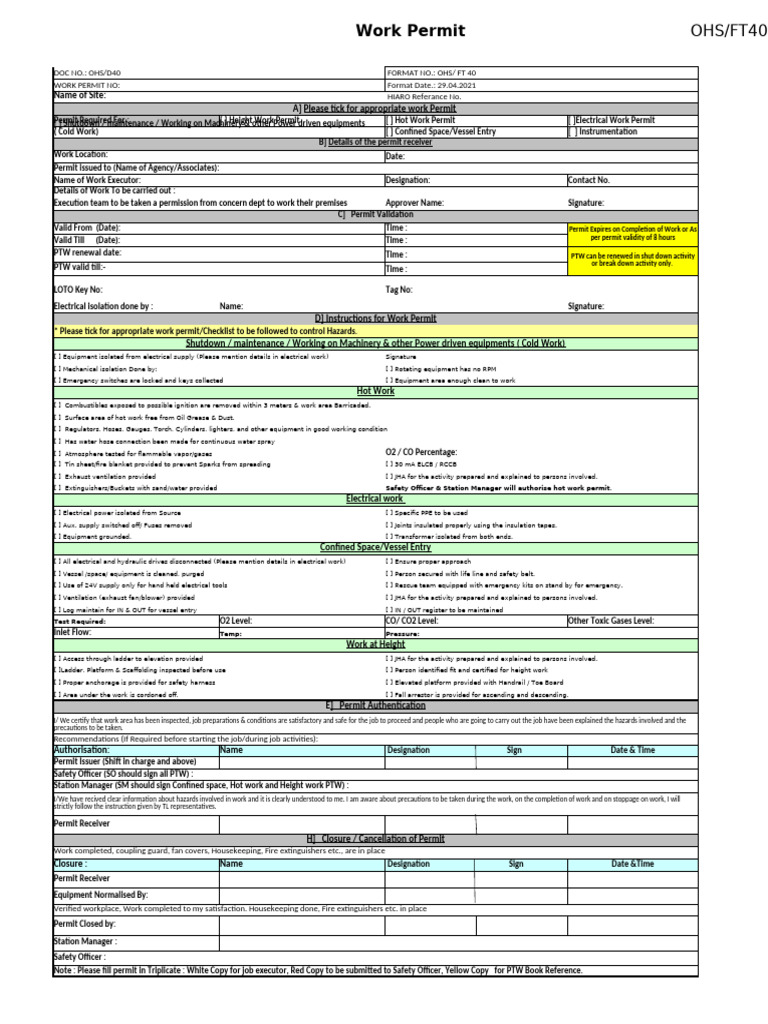 Work Permit Format and Guidelines | PDF | Occupational Safety And ...