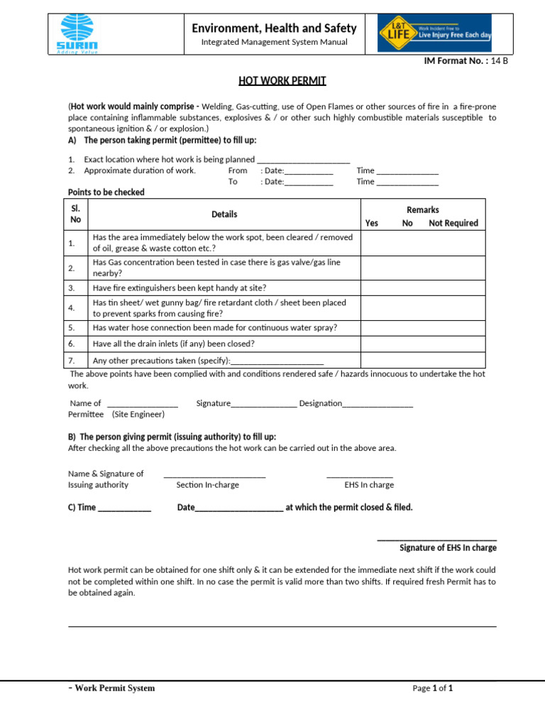 IM 14 B-Hot Work Permit | PDF | Fires | Energy Technology