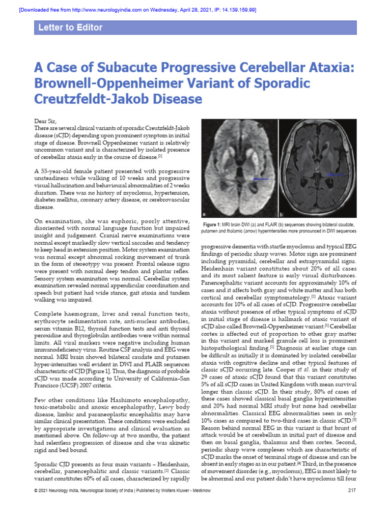 Cerebellar CJD LE 3 NI 2021 | PDF | Cerebellum | Neurology