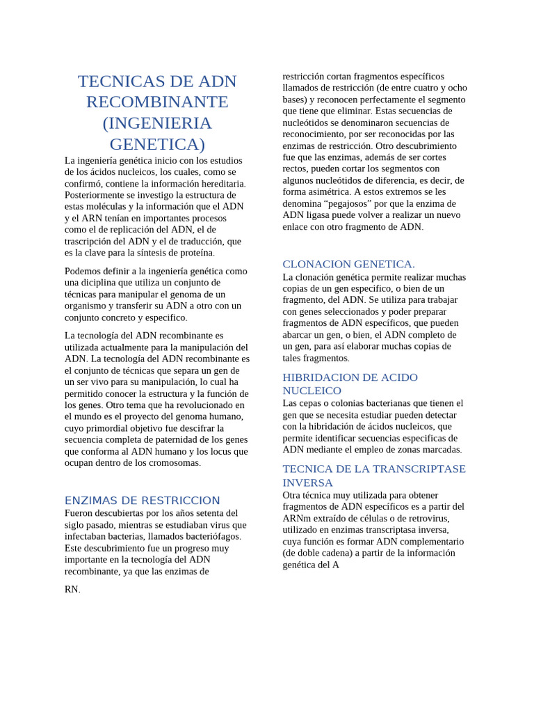 Tecnicas de Adn Recombinante | PDF | Adn | Ingeniería genética