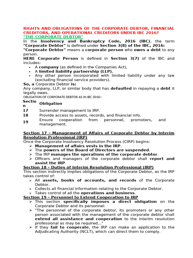 Rights and Obligations Under IBC 2016 | PDF | Bankruptcy | Liquidation
