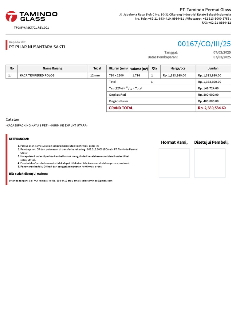 Konfirmasi Order Kaca PT. Tamindo | PDF