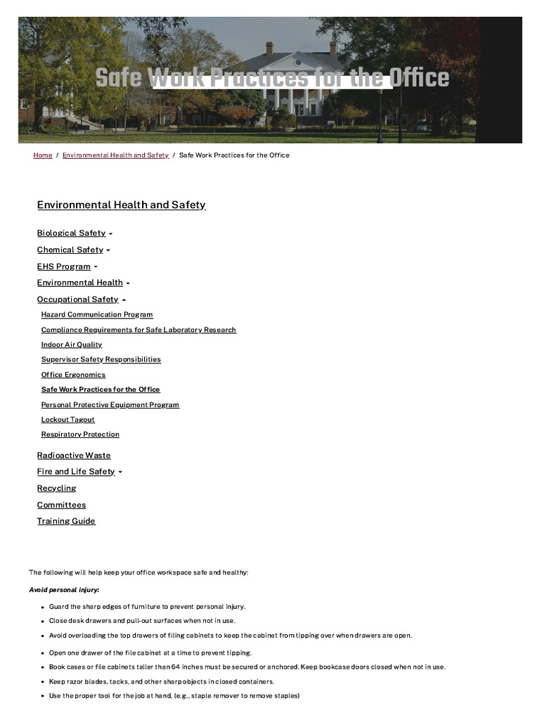 Safe Work Practices for the Office _ Environmental Health and Safety ...