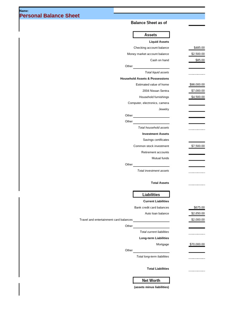 Personal Balance and Cash Flow Statement | PDF | Expense | Balance Sheet