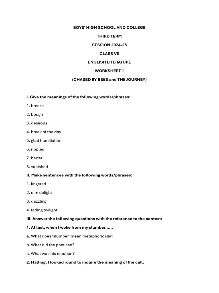 Class 7 English Literature Worksheet 1 | PDF