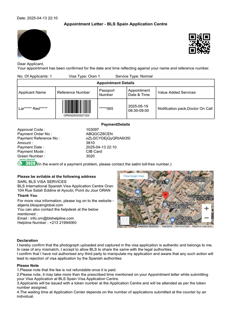 BLS Spain Visa Appointment Confirmation | PDF | Travel Visa ...