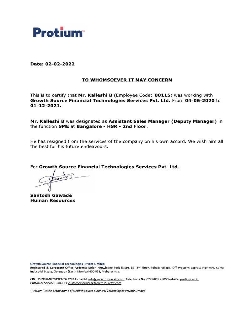 Protium Reliving Letter | PDF