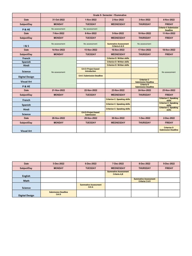 Grade 8 - MYP SA - Schedule 2022-23 Semester - 1 | PDF