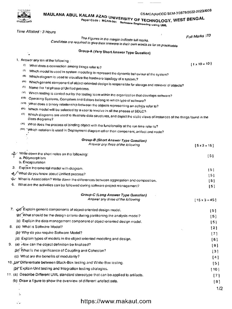 Mca 3 Sem Software Engineering Using Uml Mcan 301 2023 | PDF
