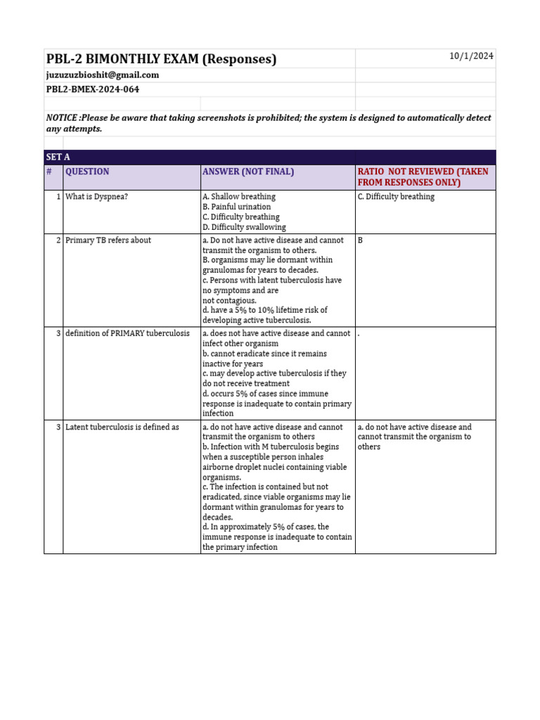 PBL-2 Bimonthly Exam | PDF | Respiratory Tract | Tuberculosis
