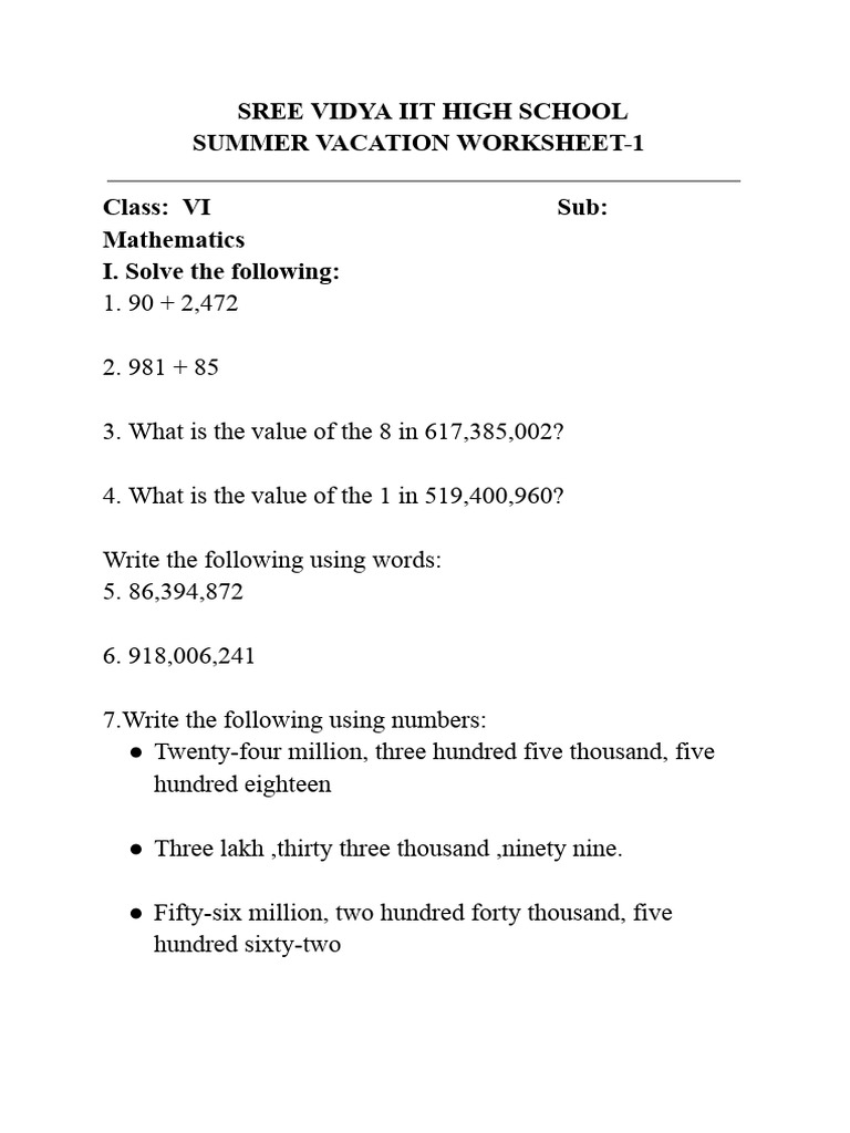 VI Math Summer Worksheet for Class VI | PDF