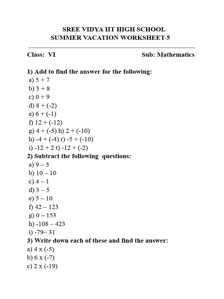 Grade 7 Integers Worksheet | PDF