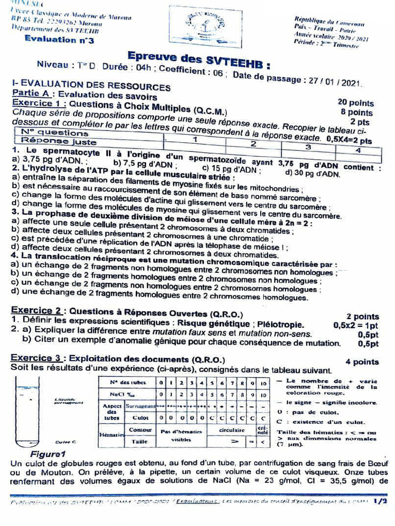 Évaluation 2 - SVT - Tle D | PDF
