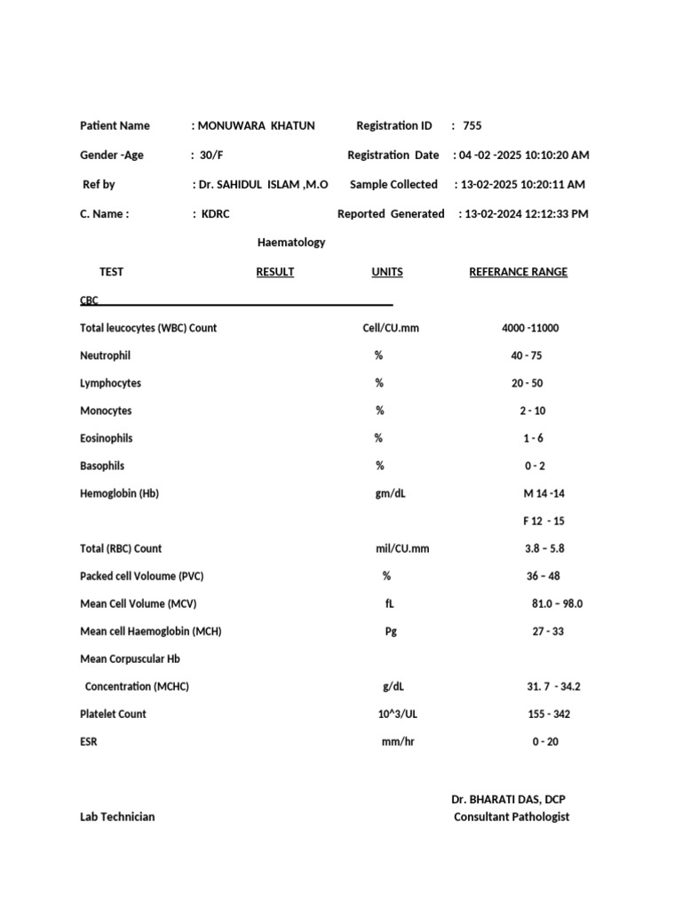 Patient Haematology Report for Monuwara Khatun | PDF