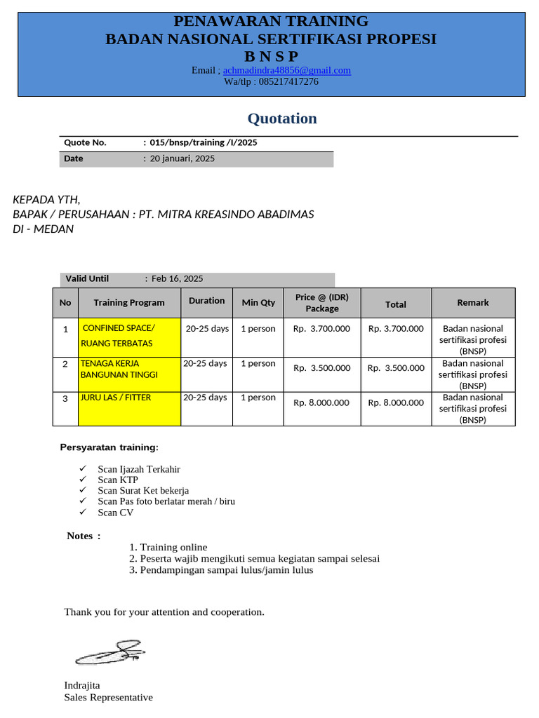 Penawaran Training BNSP 2025 Medan | PDF