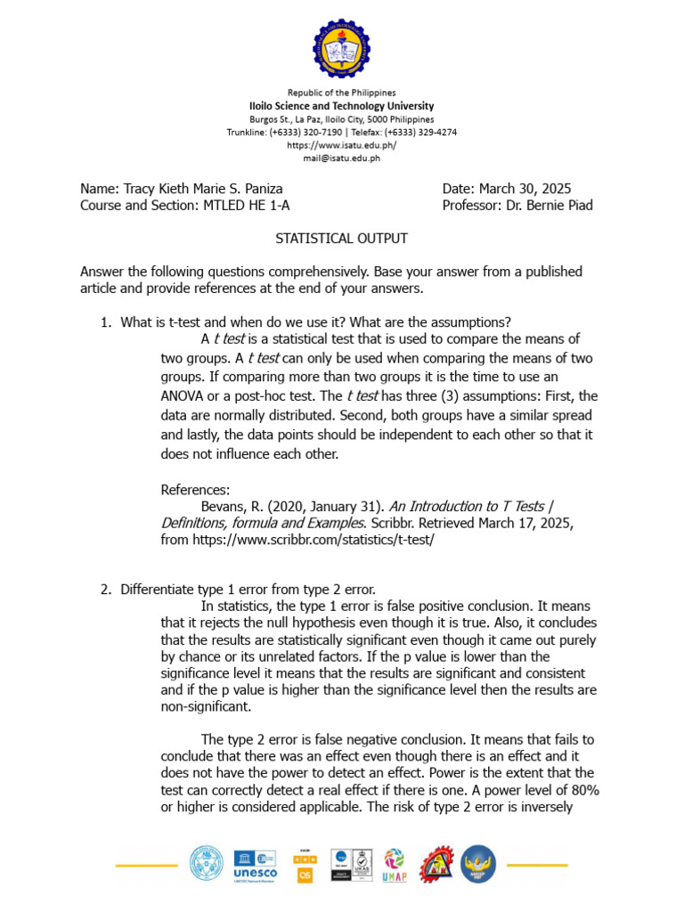 Statistical Output-Tracy Kieth Marie Paniza | PDF | Type I And Type Ii Errors | Statistical ...