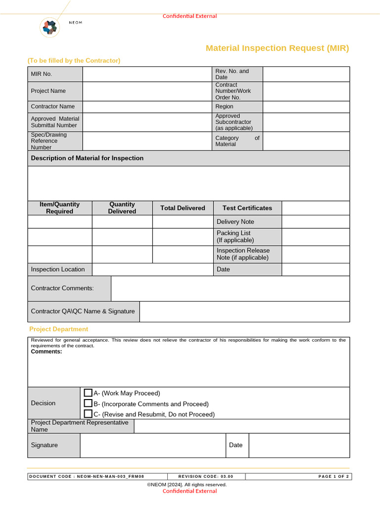 NEOM-NEN-MAN-003 - FRM08 - 03.00 - Material Inspection Request (MIR) | PDF
