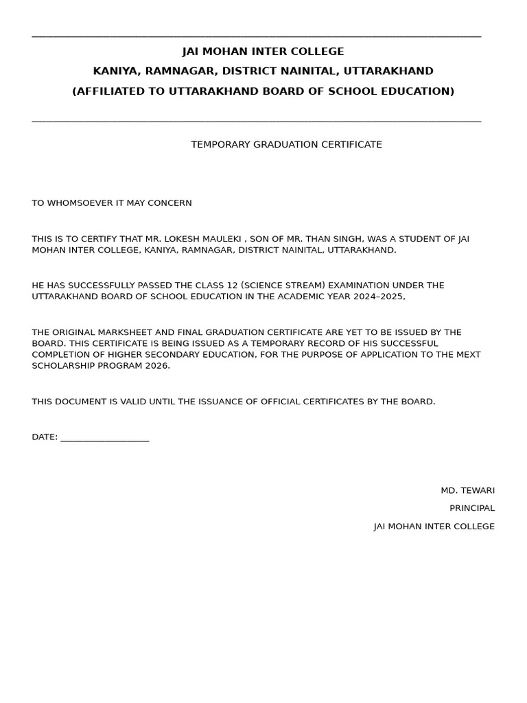 Temporary Graduation Certificate | PDF