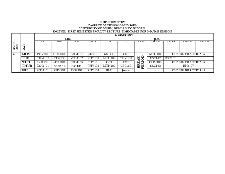 100 Level Lecture Time Table | PDF