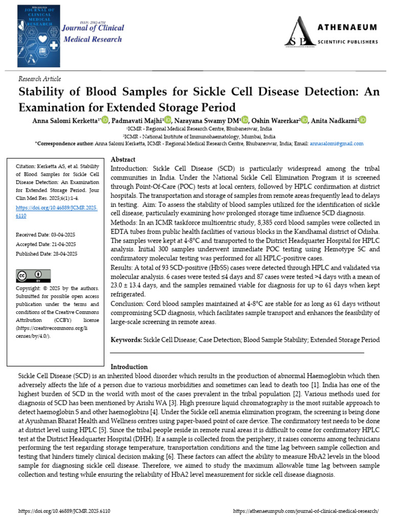 Stability of Blood Samples for Sickle Cell Disease Detection an Examination for Extended Storage ...
