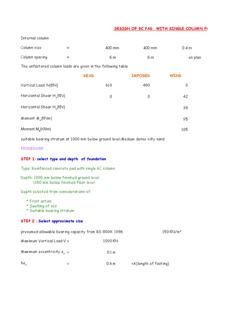 Design of RC Pad With Single Column Footing: Dead Imposed Wind | PDF ...