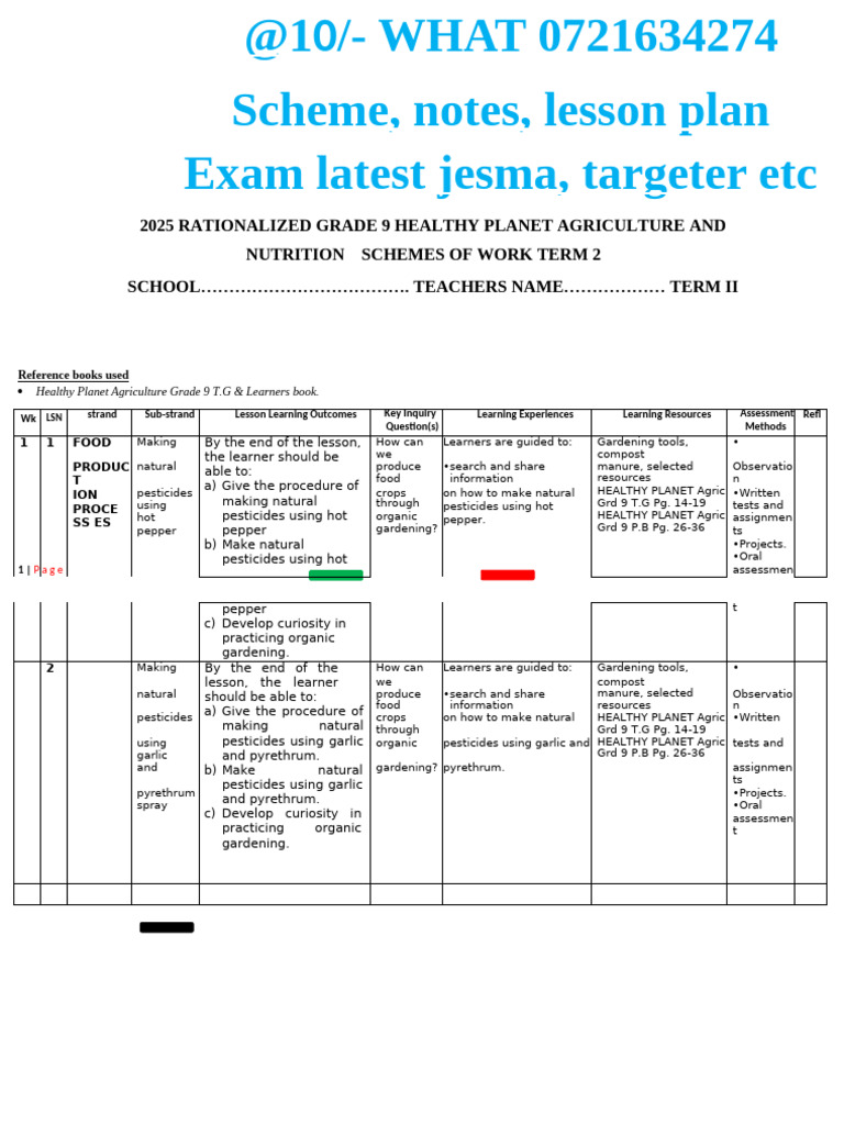 Grade 9 Term 2 Agriculture Schemes | PDF | Educational Assessment ...