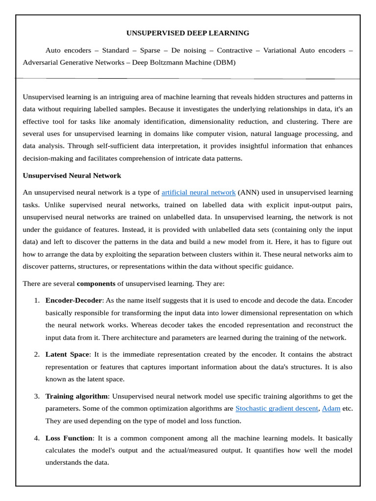 Unsupervised Deep Learning Techniques | PDF | Deep Learning | Machine Learning