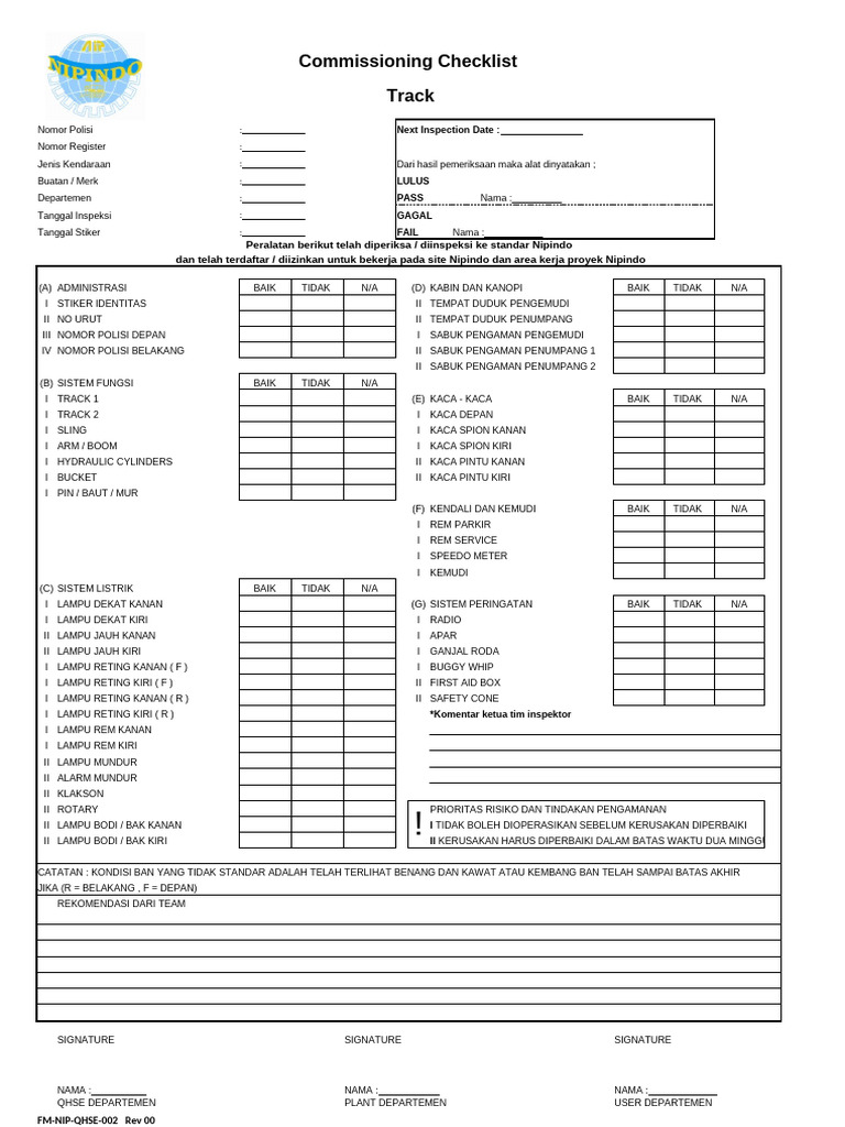 (FM-NIP-QHSE-002) Commissioning Checklist (Track) | PDF