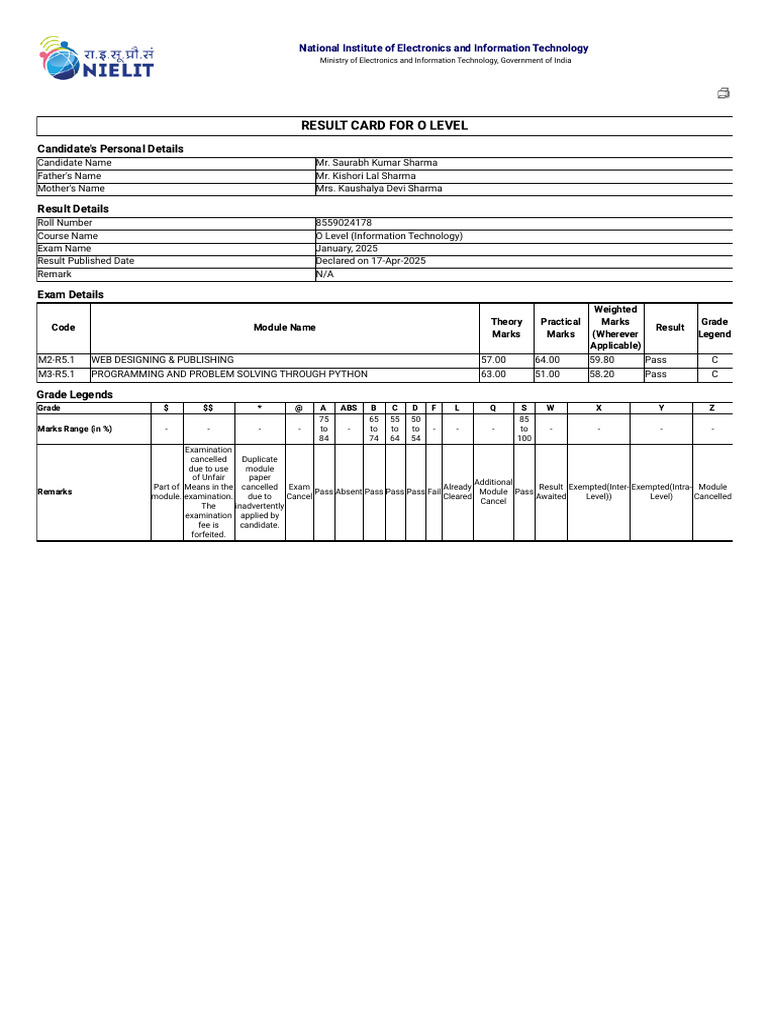 O Level Result Card for Saurabh Sharma | PDF