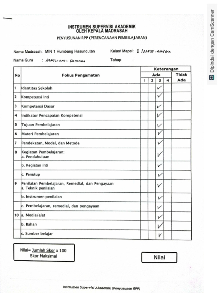 Instrumen Supervisi Dokumen Perencanaan KBM | PDF