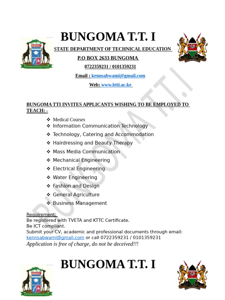 Bungoma TTI Job Openings for Instructors | PDF