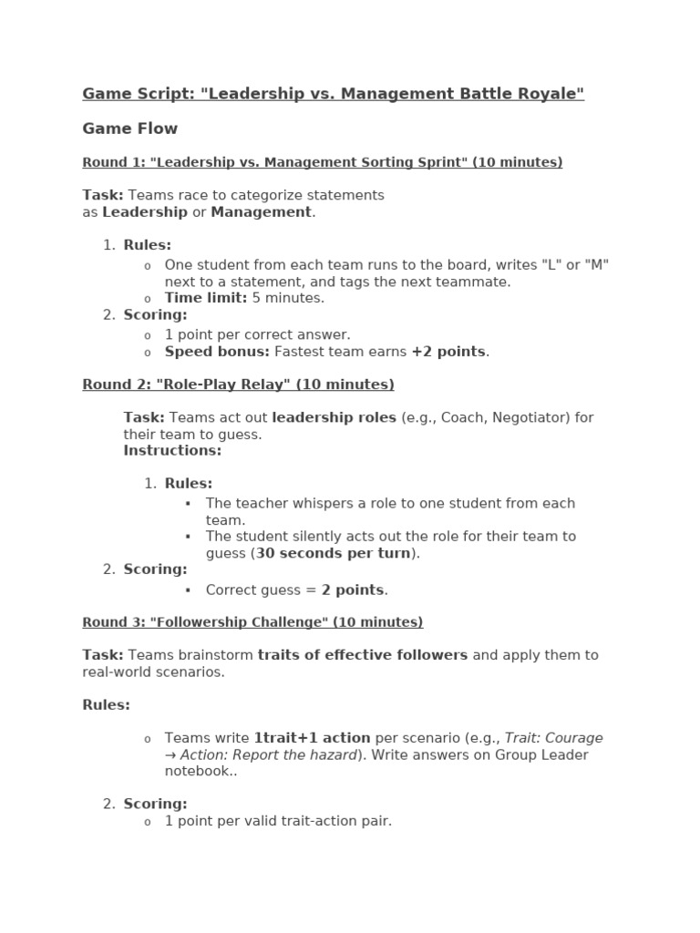 Leadership vs. Management Game Script | PDF