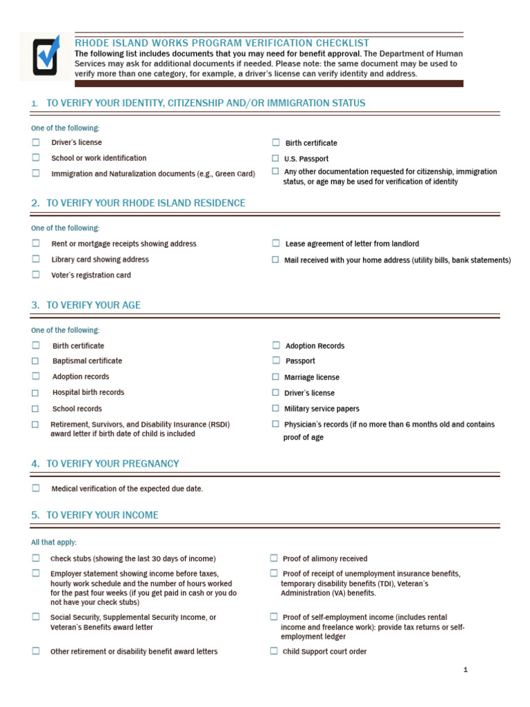 Rhode Island Works Program Verification Checklist | PDF | Birth Certificate