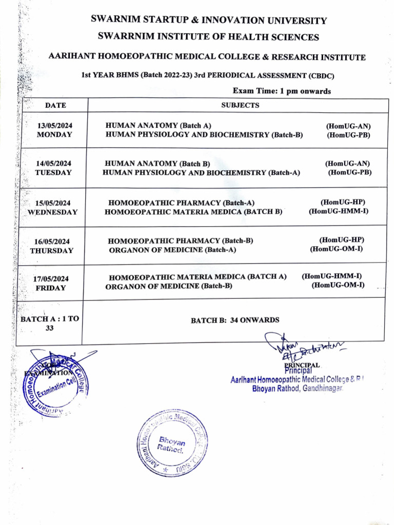 BHMS 1st Year Exam Schedule 2024 | PDF