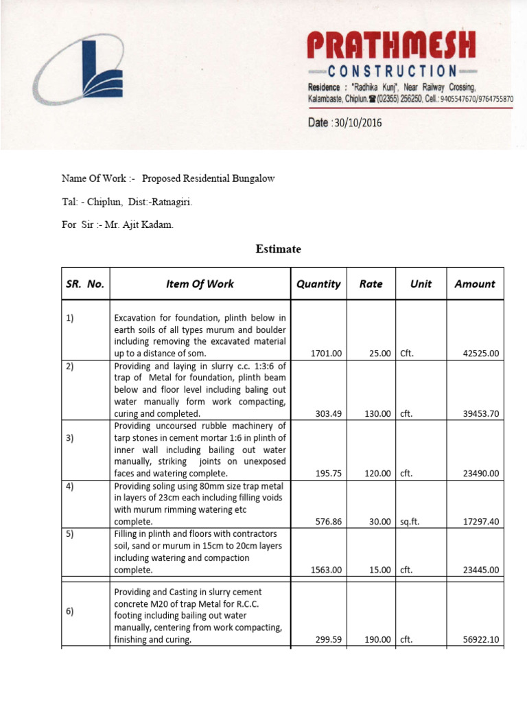 Prathmesh Construction Bungalow Estimate | PDF | Concrete | Mortar (Masonry)