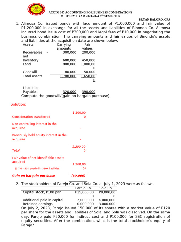 Acctg 305 Midterm Exam With Solution - 010355 | PDF | Goodwill ...
