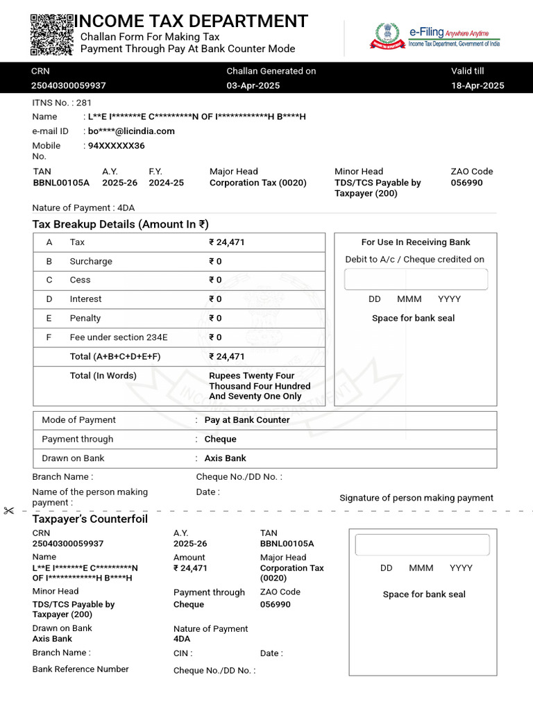 Income Tax Challan Payment Form | PDF | Cheque | Banks
